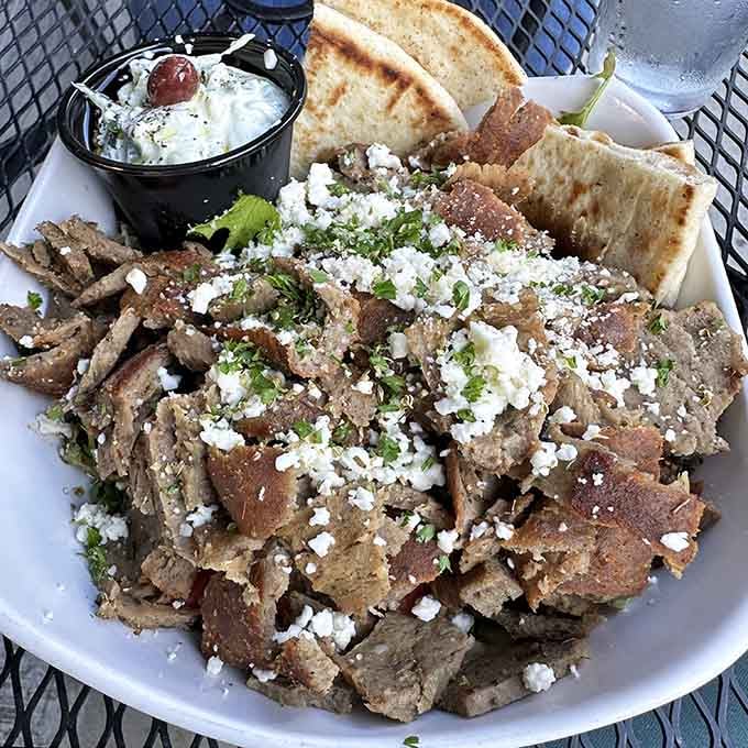 Gyro meat piled high with crumbled feta is the kind of salad that makes rabbit food look like a joke.