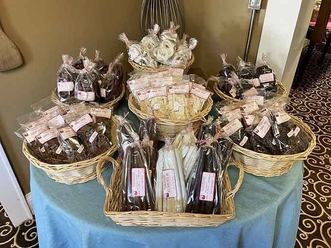 Packaged treats lined up in wicker baskets, ready to become the best gift you've ever given anyone.