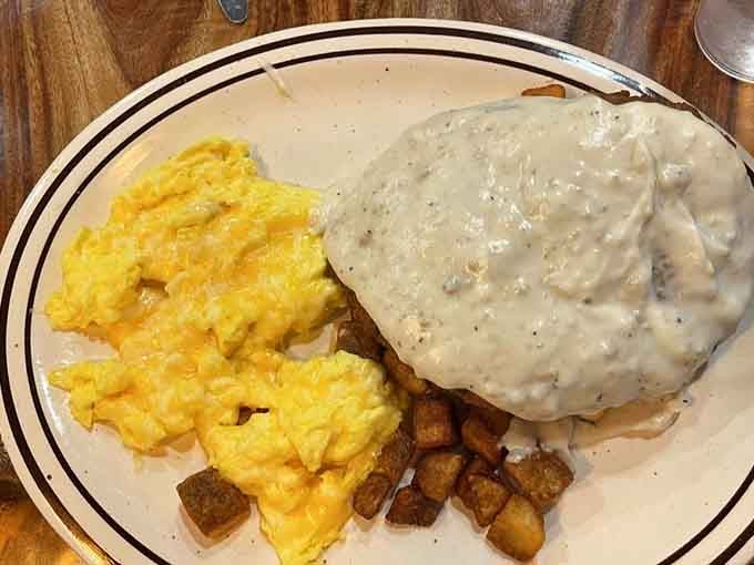 That gravy-smothered biscuit situation on the right is exactly why stretchy pants were invented. No regrets whatsoever.
