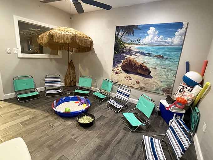 Even the kids' playroom gets the full jungle treatment, complete with nets, swings, and rainforest walls.