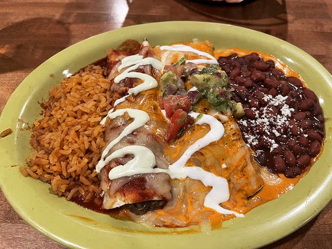 Three wild mushrooms, ancho mole cream, and melted jack cheese — this plate has absolutely no apologies to make.