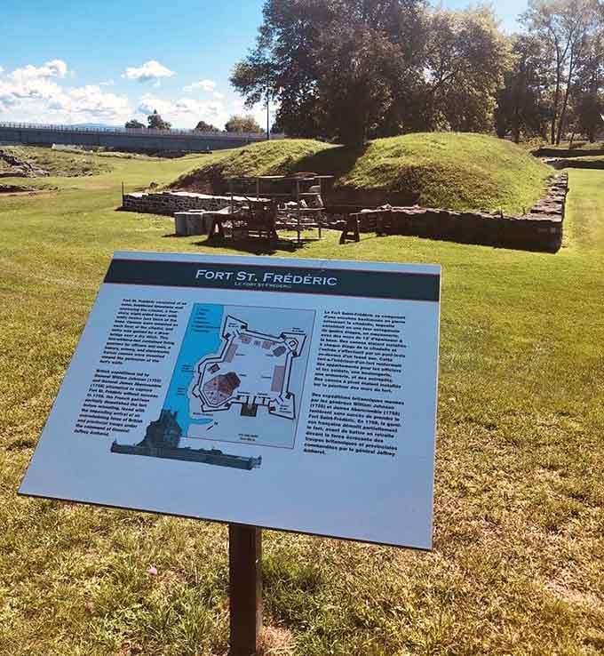 Fort St. Frédéric's earthworks and ruins, where a simple sign tells a story that took centuries to write.