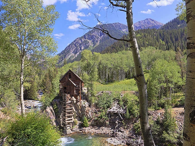 Mountains rise behind the mill, creating a backdrop that makes professional photographers actually giggle with excitement.
