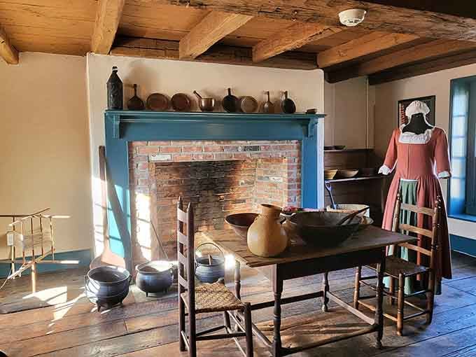 The kitchen hearth, copper pots, and a dress on display. No microwave in sight, and somehow dinner happened.