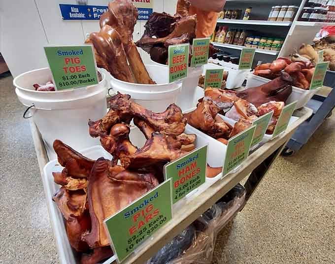 Smoked pig toes, ham bones, and beef bones — nose-to-tail cooking never looked this proudly displayed.