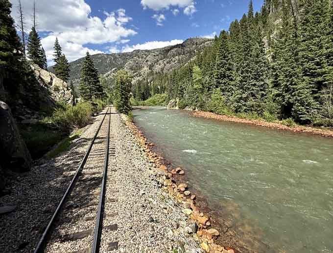 The narrow gauge tracks follow the Animas River so closely, you can practically hear the current.