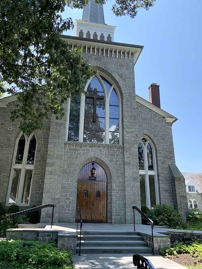 Gothic arches and stone walls make this church look like it wandered over from the English countryside.