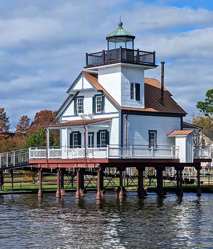The Roanoke River Lighthouse stands proud on its pilings, a picture-perfect reminder of the region's maritime soul.