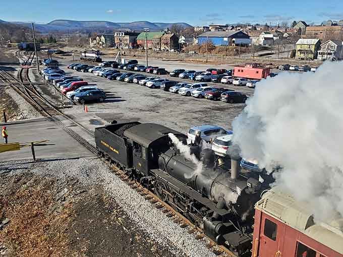 Even from above, this locomotive commands respect. Coal, steam, and sheer mechanical confidence on full display.