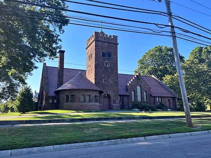 First Church Congregational's stone tower and clock face have been keeping Fairfield on schedule for generations, rain or shine.