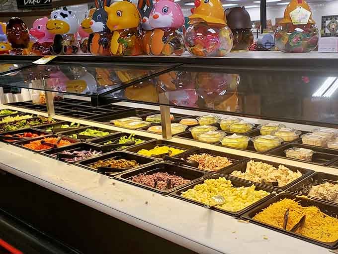 A salad bar that means serious business. Dozens of fresh toppings and prepared items line this impressive spread.