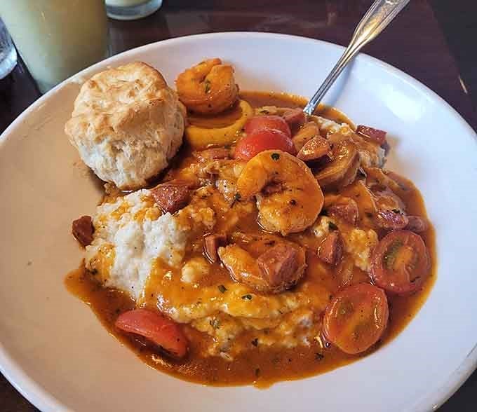 Cajun shrimp, Andouille sausage, white cheddar grits, and a biscuit. Michigan, you've been holding out on us.