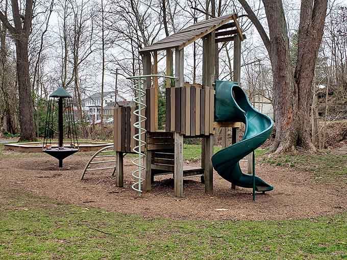 A proper neighborhood park with a spiral slide. Some things are simple, and simple is genuinely wonderful.