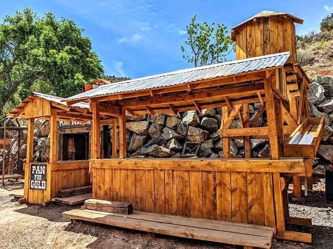 This covered panning station proves that searching for treasure is infinitely better with shade and running water.