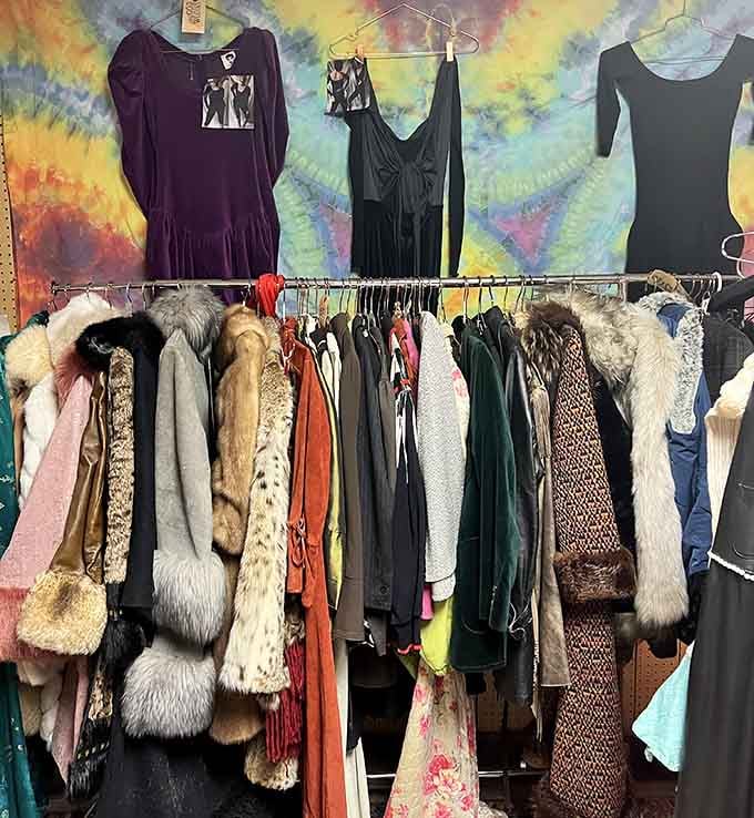 From vintage fur coats to tie-dye backdrops, this clothing rack is basically a greatest hits album of American fashion history.