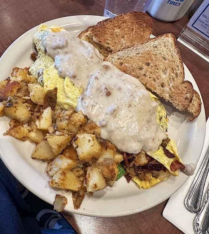 That sausage gravy omelet isn't just breakfast. It's a full commitment to starting your day exactly right.