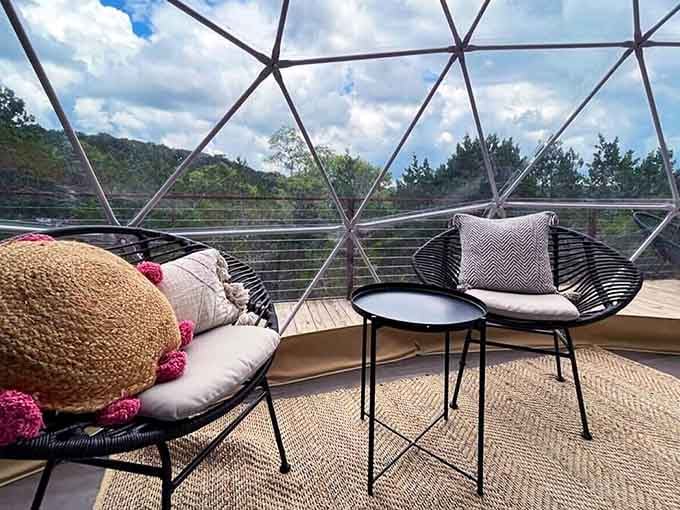 Two chairs, a little table, and a sky full of clouds. Your therapist would approve of this view.