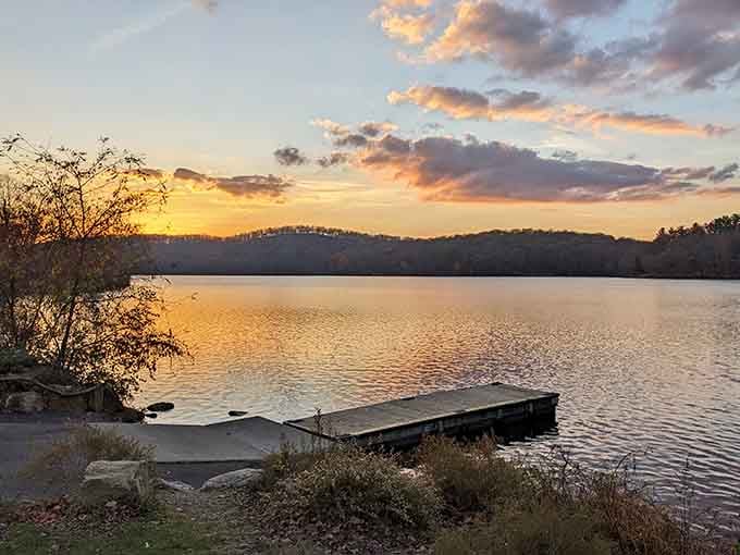 Golden hour at the lake, where the sky puts on a free show every single evening.