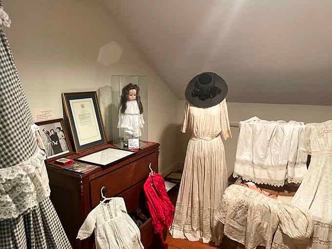 Period dresses, a porcelain doll, and framed documents tell Helen's story better than any textbook ever could.