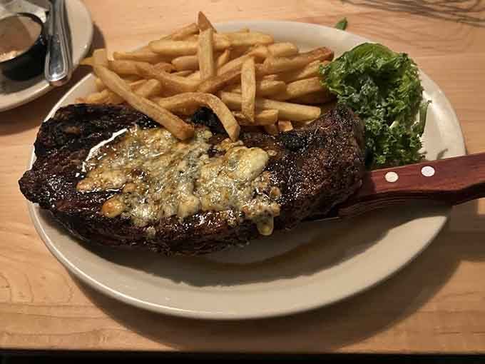 Fourteen ounces of blackened, blue cheese crusted ribeye. This is not a drill. Repeat, this is not a drill.