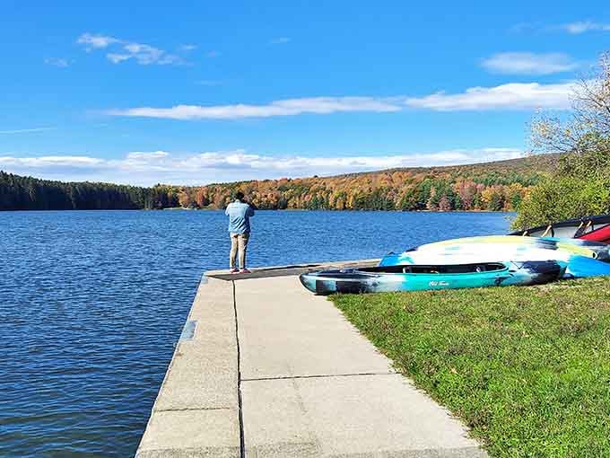 Kayaks lined up and ready, because standing on the dock staring is only fun for so long.