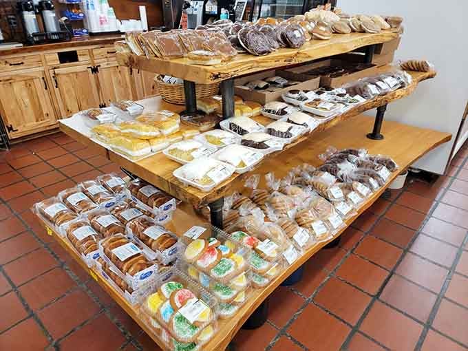 Wooden display tables groaning under the weight of fresh baked goods, this is what breakfast dreams look like.