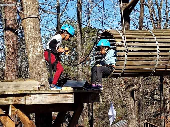 Even the little ones get in on the action, conquering treetop obstacles one brave step at a time.