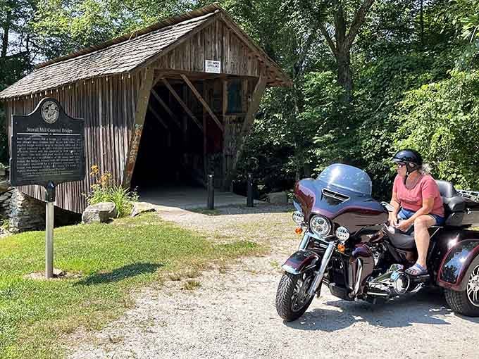 Even Harley riders stop for this one. When a 130-year-old bridge makes you pull over, you pull over.