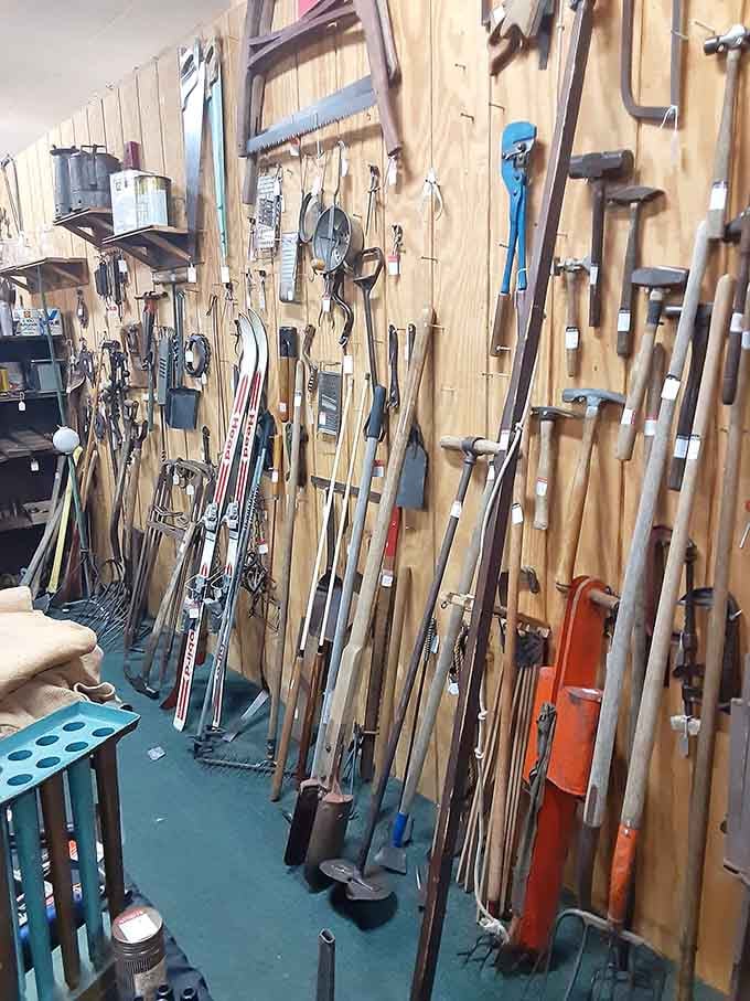 Garden tools and farm implements hang like art, reminding us when things were built to last forever.