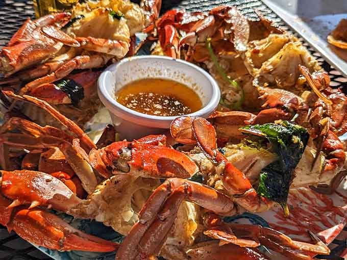 Fresh blue crab piled high with dipping sauce, because some things in life are simply worth the drive.
