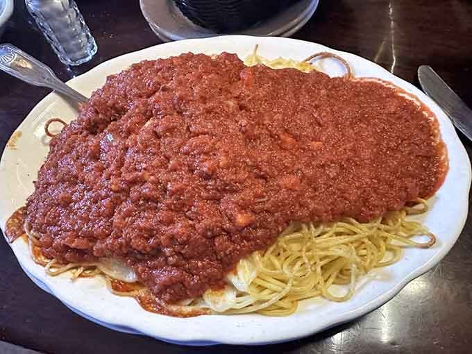 Spaghetti A La Joe's: a mountain of pasta and meat sauce that means serious, glorious business.