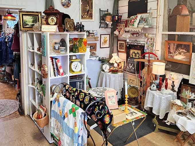 Quilts, clocks, candles, and crocheted treasures packed together like your grandmother's attic had a very good week.