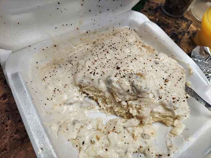Fluffy biscuits swimming in creamy gravy, the kind of breakfast that makes you understand why Southerners smile.