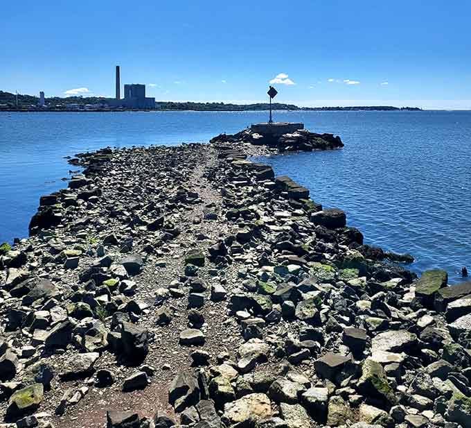 Nature reclaims this rocky breakwater, creating a rugged contrast to the smooth harbor waters beyond.