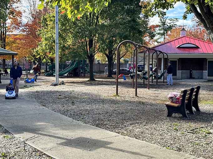 A neighborhood playground where kids laugh, parents breathe easy, and autumn puts on a free show.