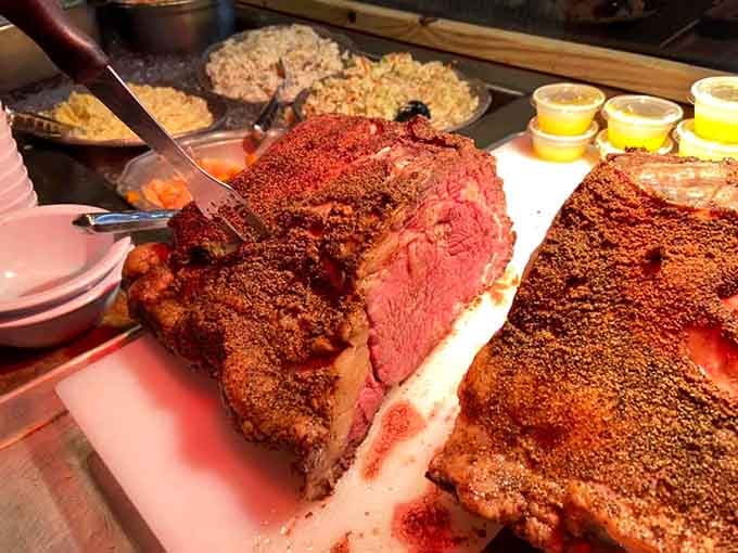Behold the main attraction: prime rib so perfectly cooked it practically glows with deliciousness and promise.