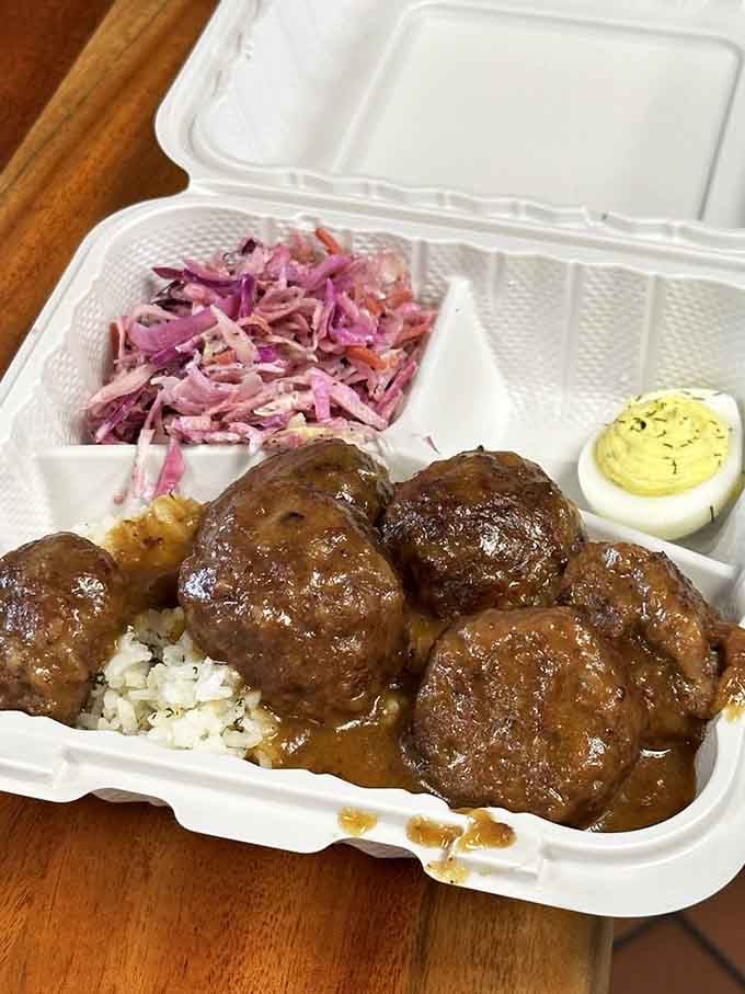 Meatballs swimming in rich gravy over rice, with coleslaw and a deviled egg on the side. Dinner is handled.