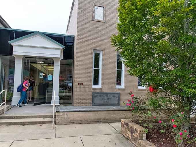 The Mathews Memorial Library: proof that even the smallest towns take their books, and their roses, seriously.