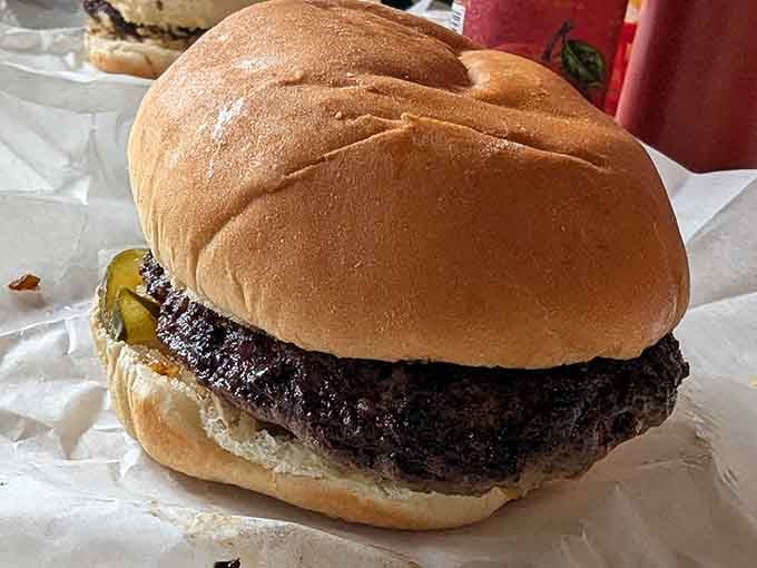 Sitting on wax paper and looking deceptively simple, this Juicy Lucy is a masterclass in not judging a burger by its cover.