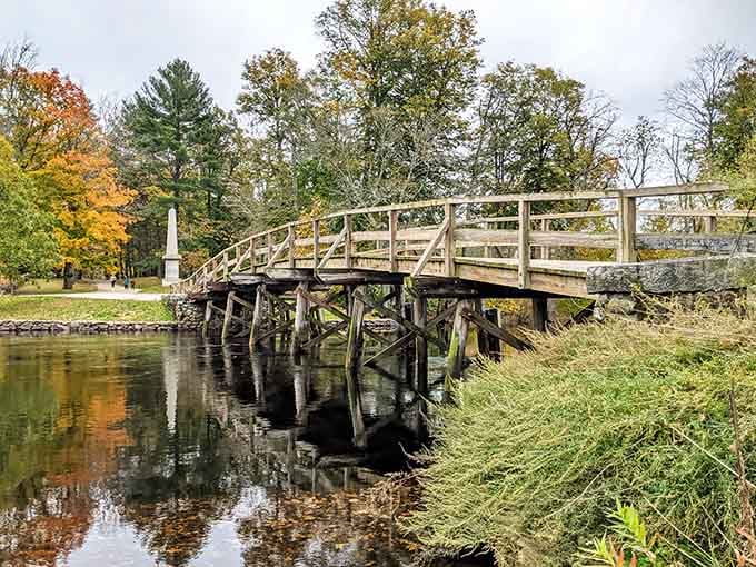 The North Bridge replica stands where colonists first fought back, making this wooden structure surprisingly spine-tingling.