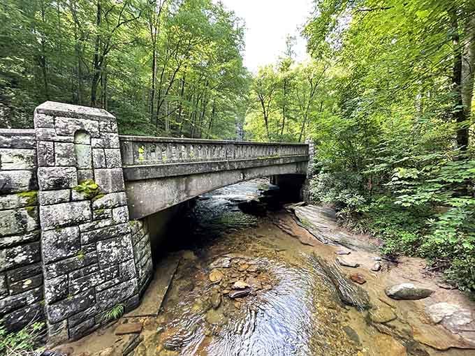 A stone bridge over Looking Glass Creek that's been here longer than your favorite pair of jeans, and aging better.