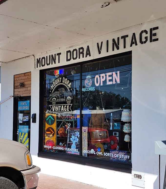 Vinyl records, vintage furniture, and "owl sorts of stuff" &mdash; Mount Dora Vintage wins the award for best window copy.