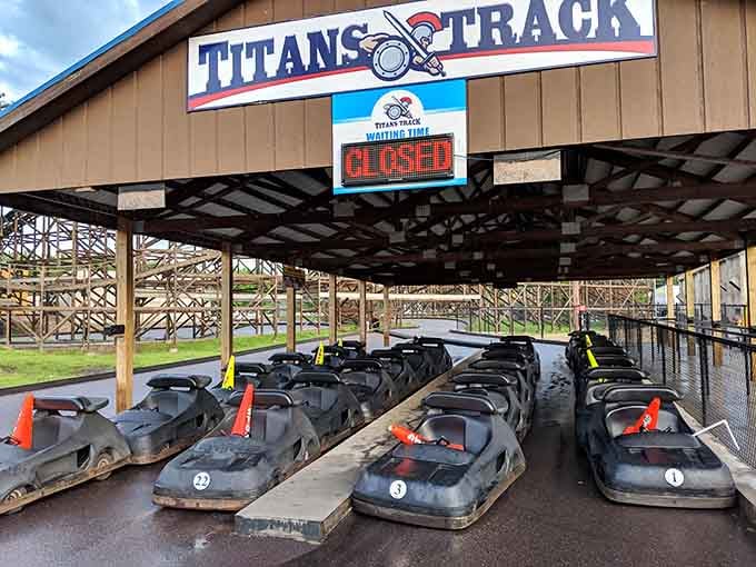 Titans Track sits ready and waiting, because apparently some people need their go-karts to feel like a gladiator battle.