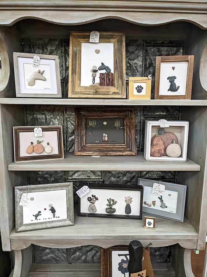 Tiny framed pebble art scenes that somehow manage to be both adorable and genuinely impressive at the same time.