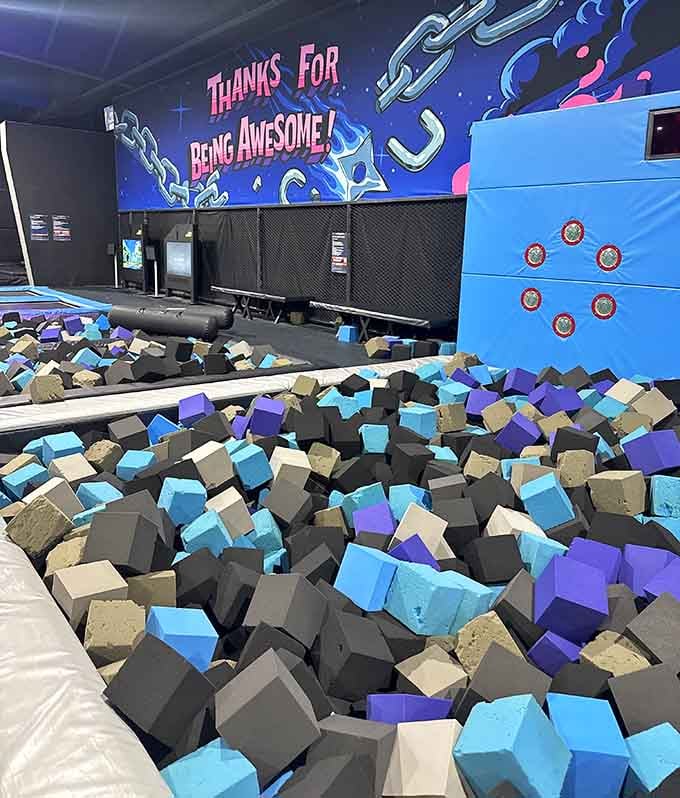 A foam pit filled with colorful blocks and a wall that says "Thanks For Being Awesome" &mdash; honestly, same to you.
