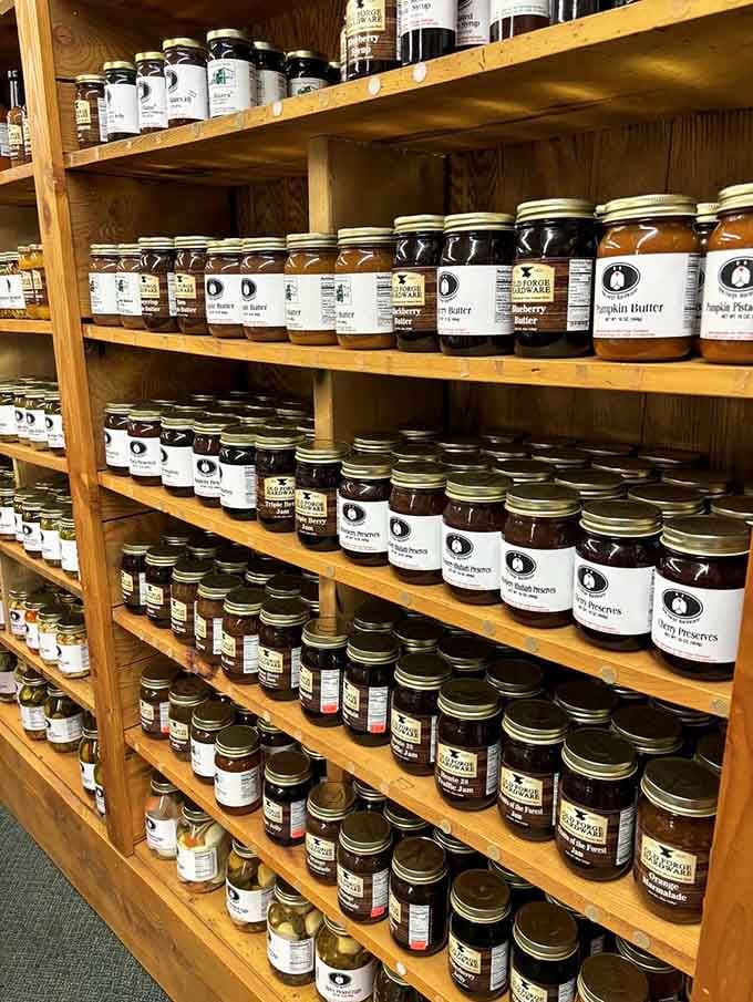 Row after row of jams, preserves, and butters that make you want to call your mom and apologize for never visiting enough.