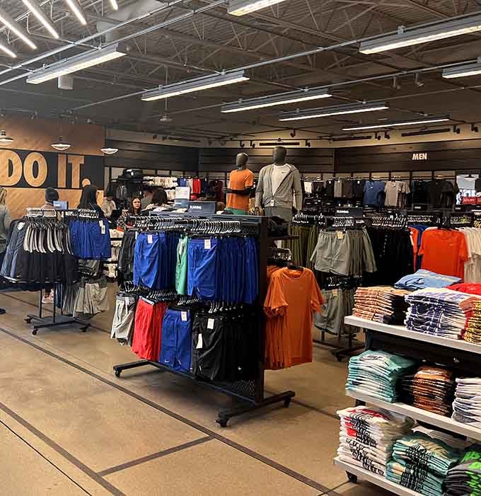 Nike's "Just Do It" wall says it all. Shorts, tees, and athletic gear at outlet prices make this stop very easy to justify.