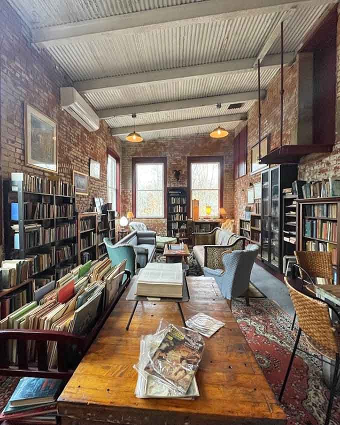 Exposed brick, warm lamplight, and shelves full of stories waiting to be read again by someone new.