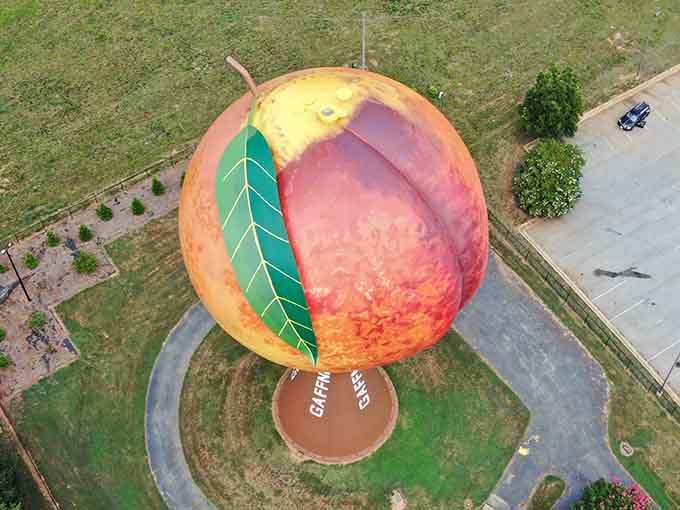 From above, the Peachoid's gorgeous gradient of golden yellows and rosy pinks looks good enough to eat, almost.