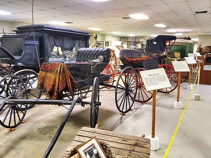 Elegant carriages and buggies showcase how the well-to-do traveled before cup holders became essential.